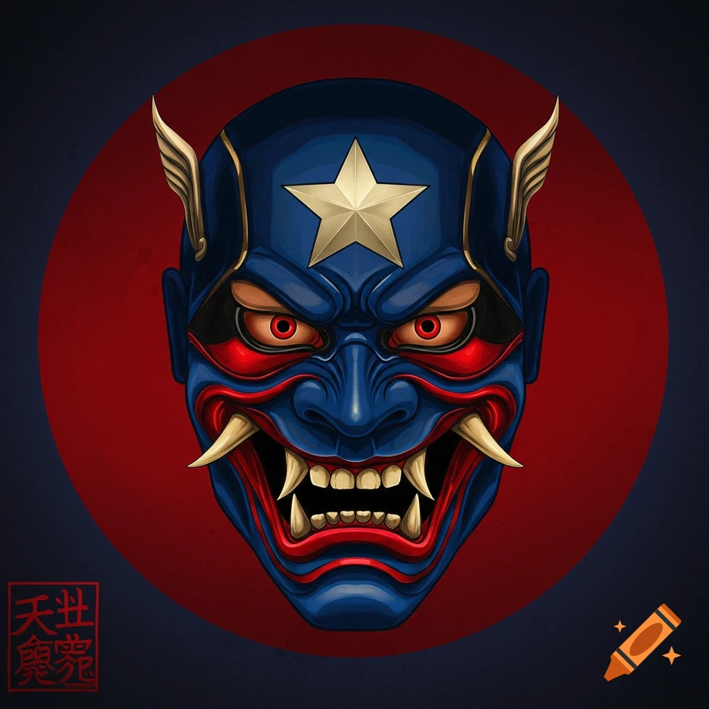 Illustration of a blue Captain America themed Kabuki mask with red ...
