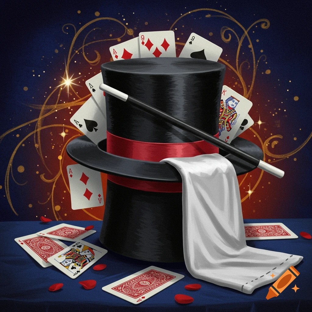Magic hat, wand, cards, and handkerchief on a table with red petals. on ...