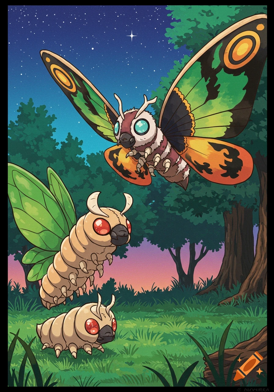 Cartoon illustration of Mothra and two larva forms in a forest at night ...
