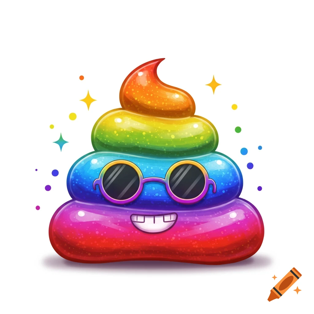 A rainbow-colored poop emoji with sunglasses and a smile. on Craiyon