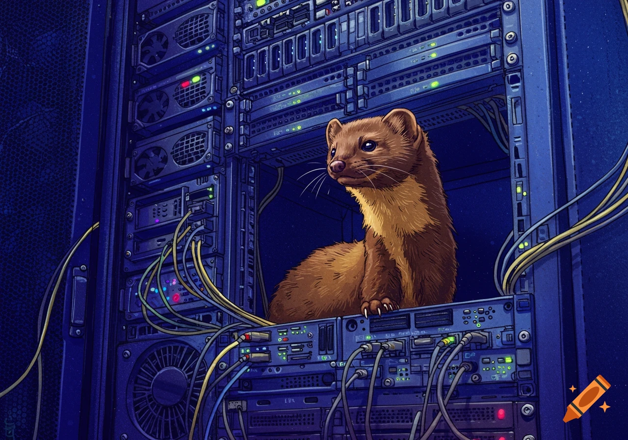 An illustration of a stoat perched inside a server rack with cables and ...
