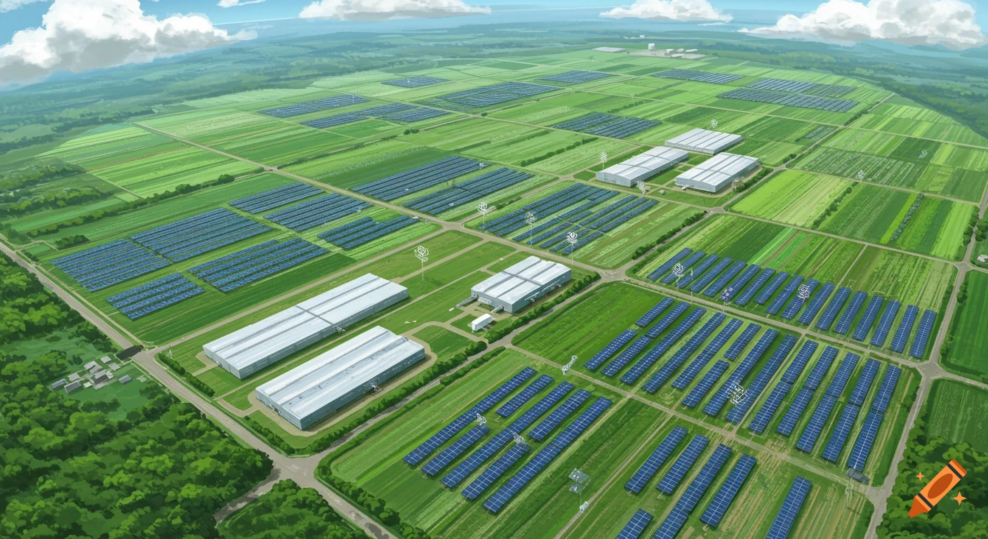 Aerial view of a modern farm with large solar panel arrays and ...