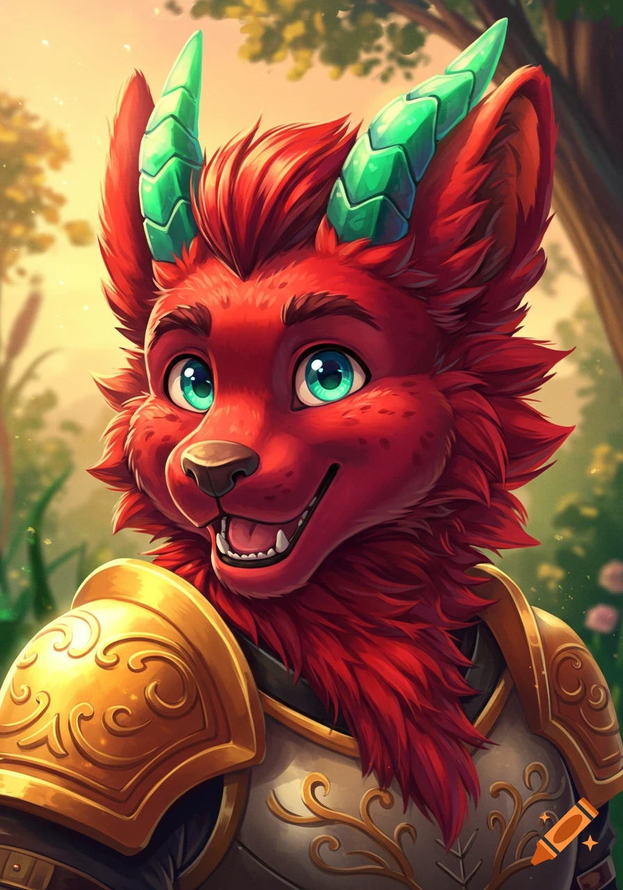 Close-up of a red furry creature with green horns wearing golden armor ...