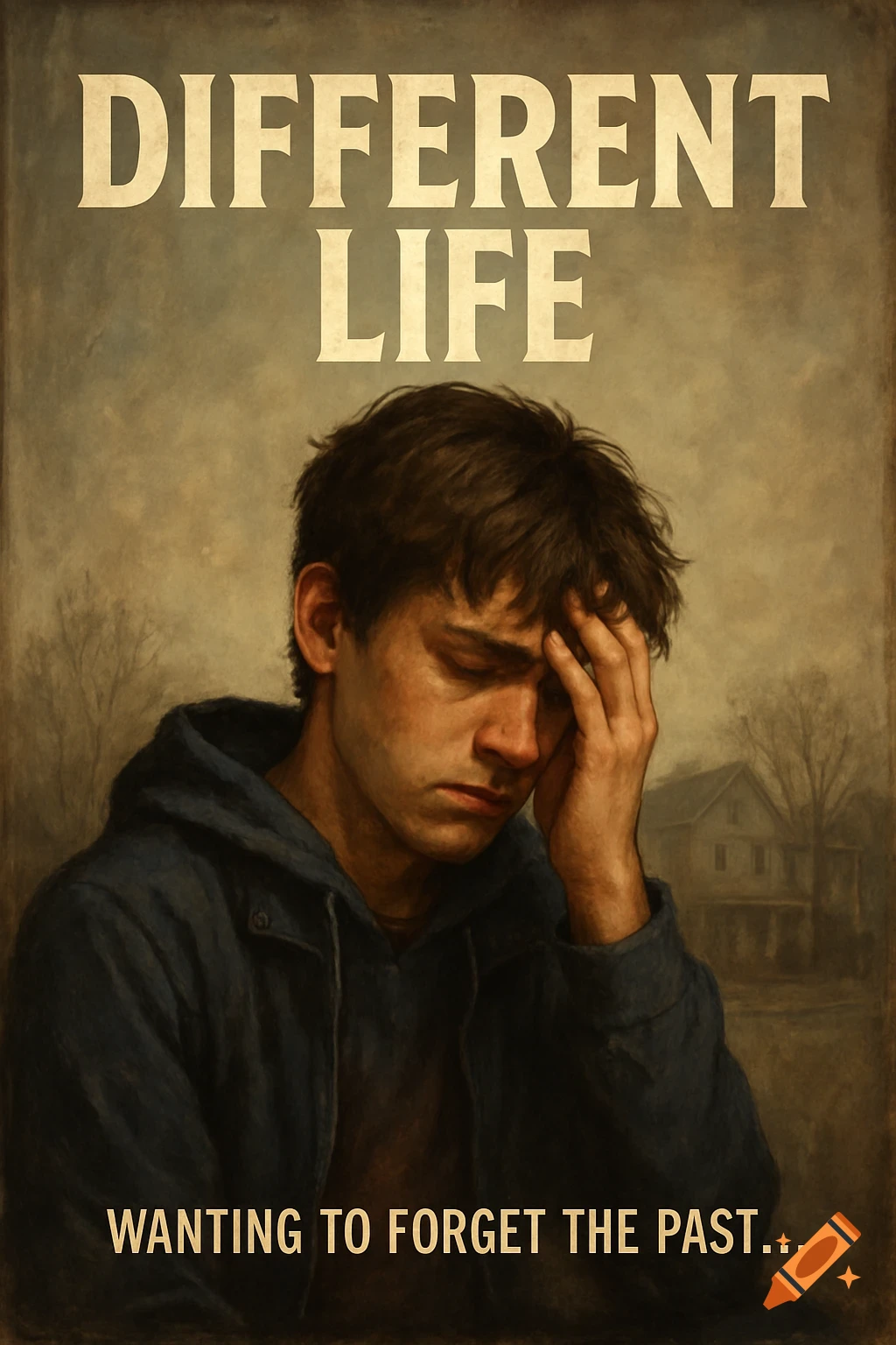 A film poster of a young man covering his face in distress, with text ...