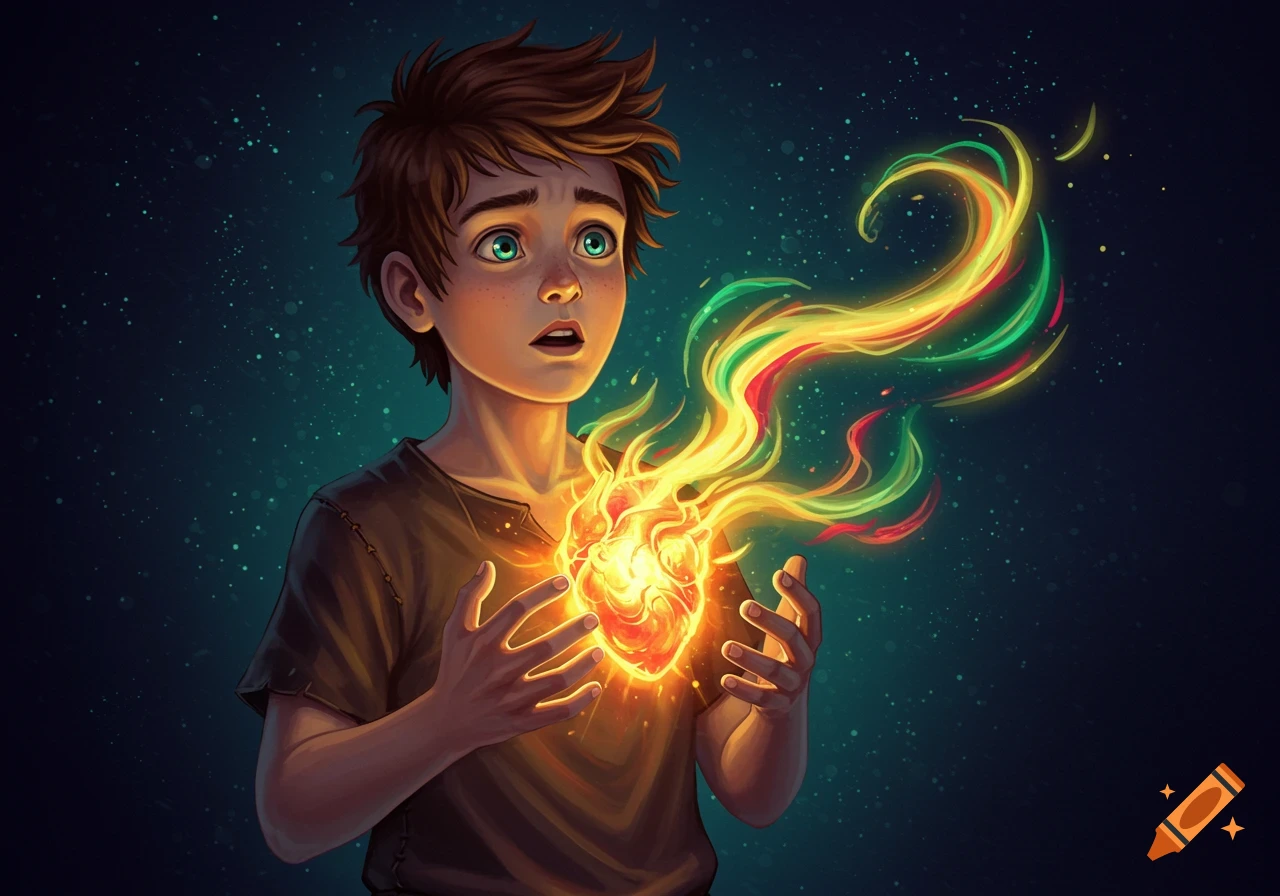 An illustration of a boy holding a glowing heart with colorful energy ...