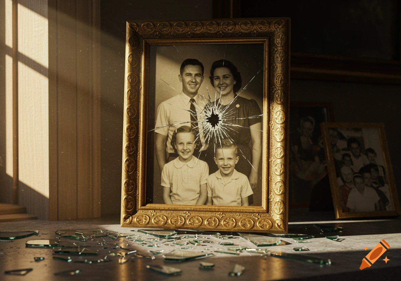 A vintage family photo in a broken frame with shards of glass on a ...
