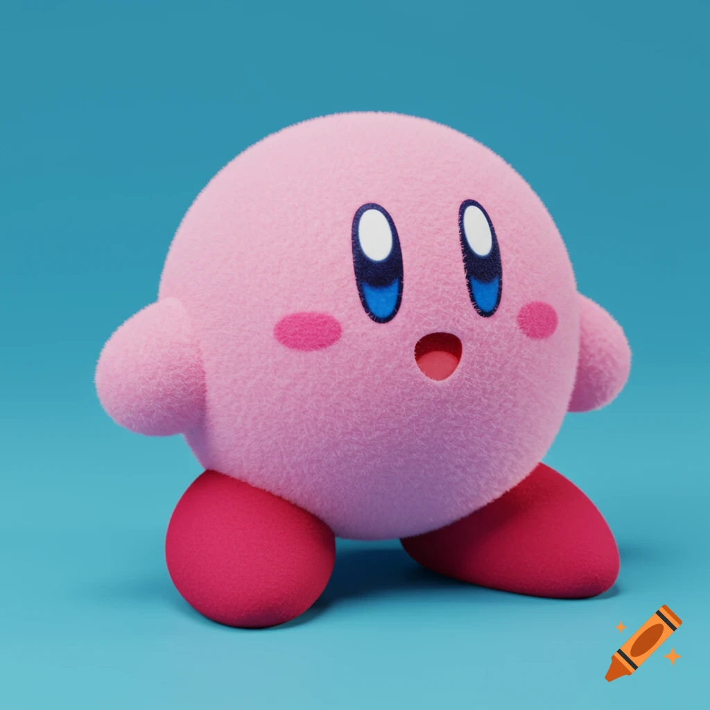 A 3D render of the fuzzy pink character Kirby standing on a blue ...