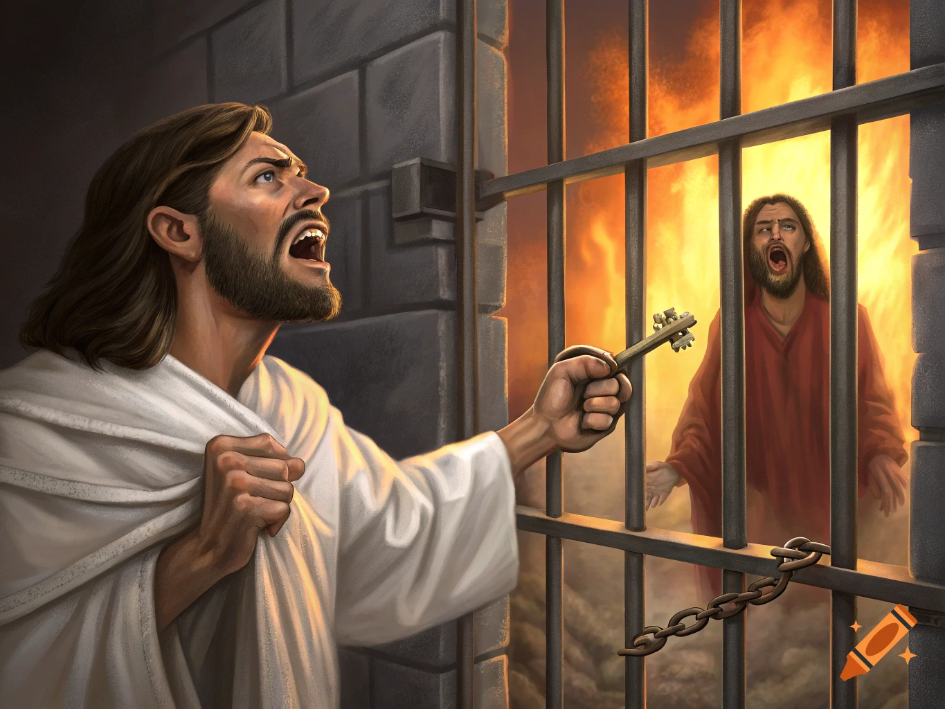 Jesus hands a key through prison bars to a screaming man in a fiery cell. on Craiyon