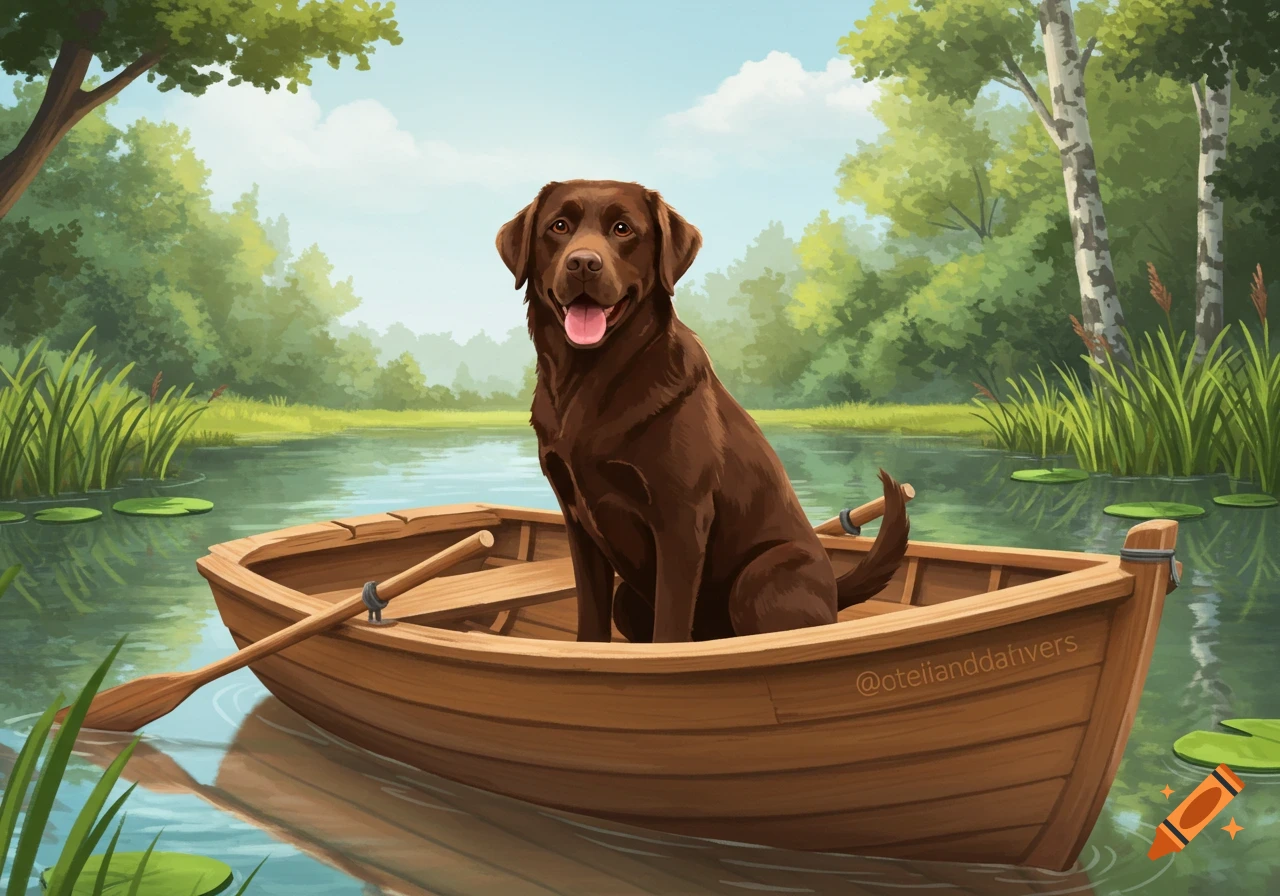 A cartoon illustration of a chocolate Labrador sitting in a rowboat on ...