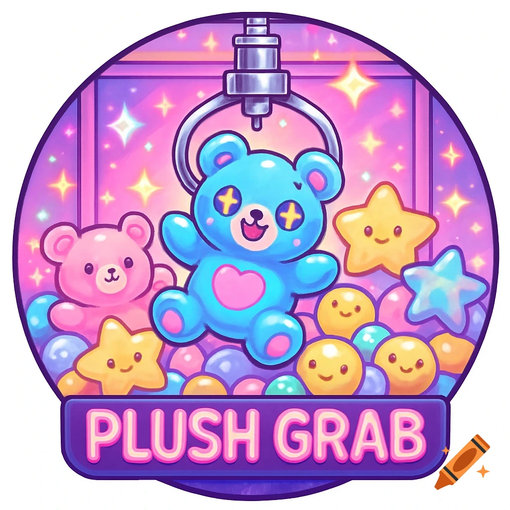 Kawaii-style claw machine with plush toys and text 'PLUSH GRAB' on Craiyon