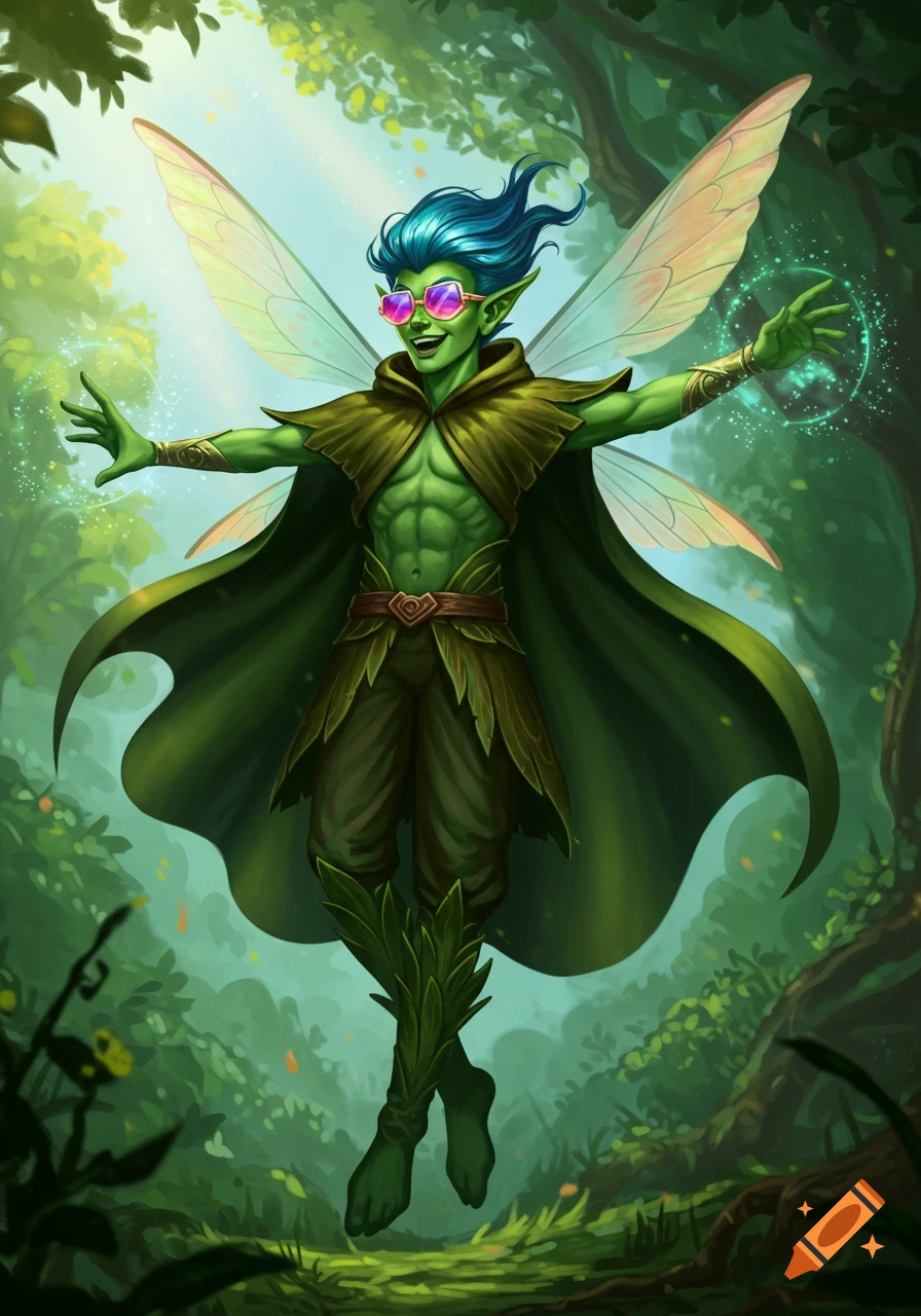 Male fantasy pixie flying in a forest wearing a green cloak and ...