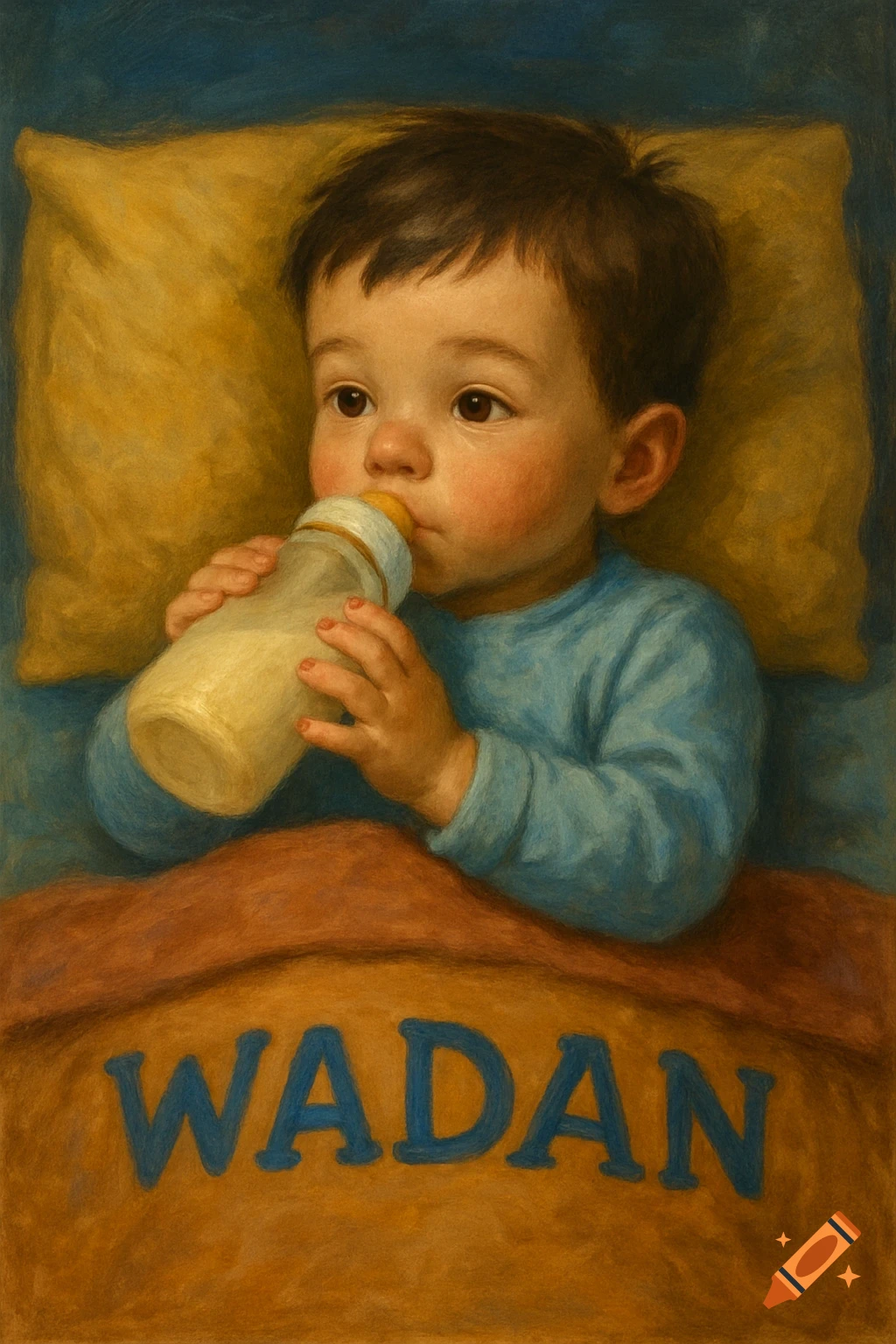 A painted illustration of a baby in bed drinking from a bottle, with ...