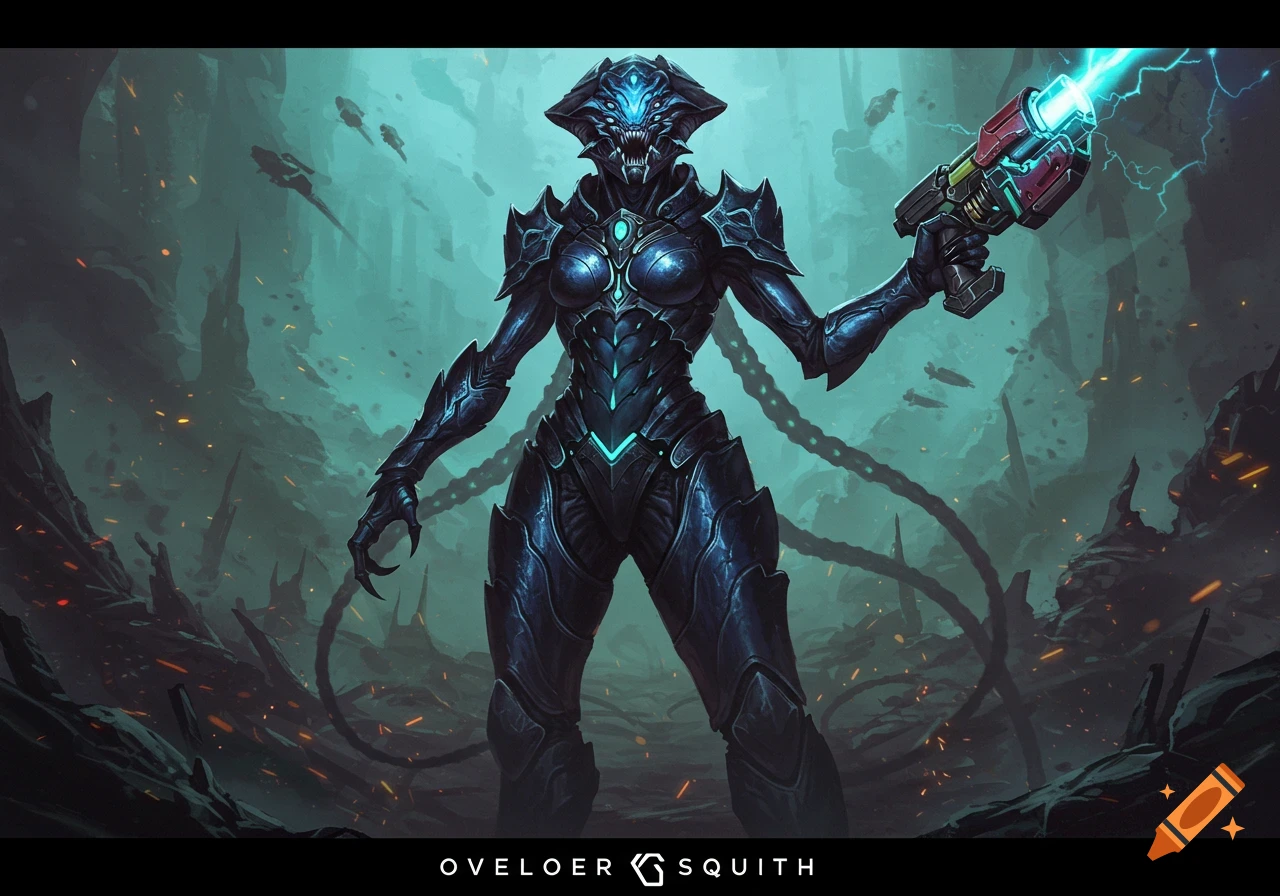 An armored, alien creature with multiple eyes and claws holds a laser ...