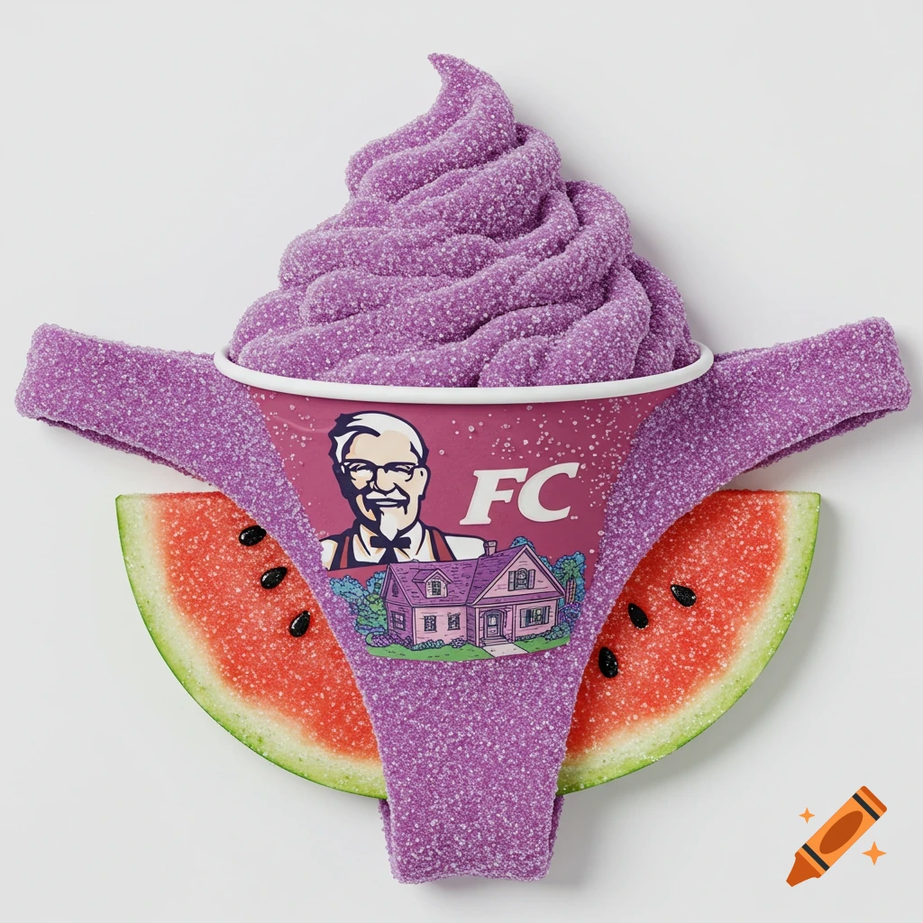 A surreal image of a purple candy bikini bottom made from a KFC bucket ...