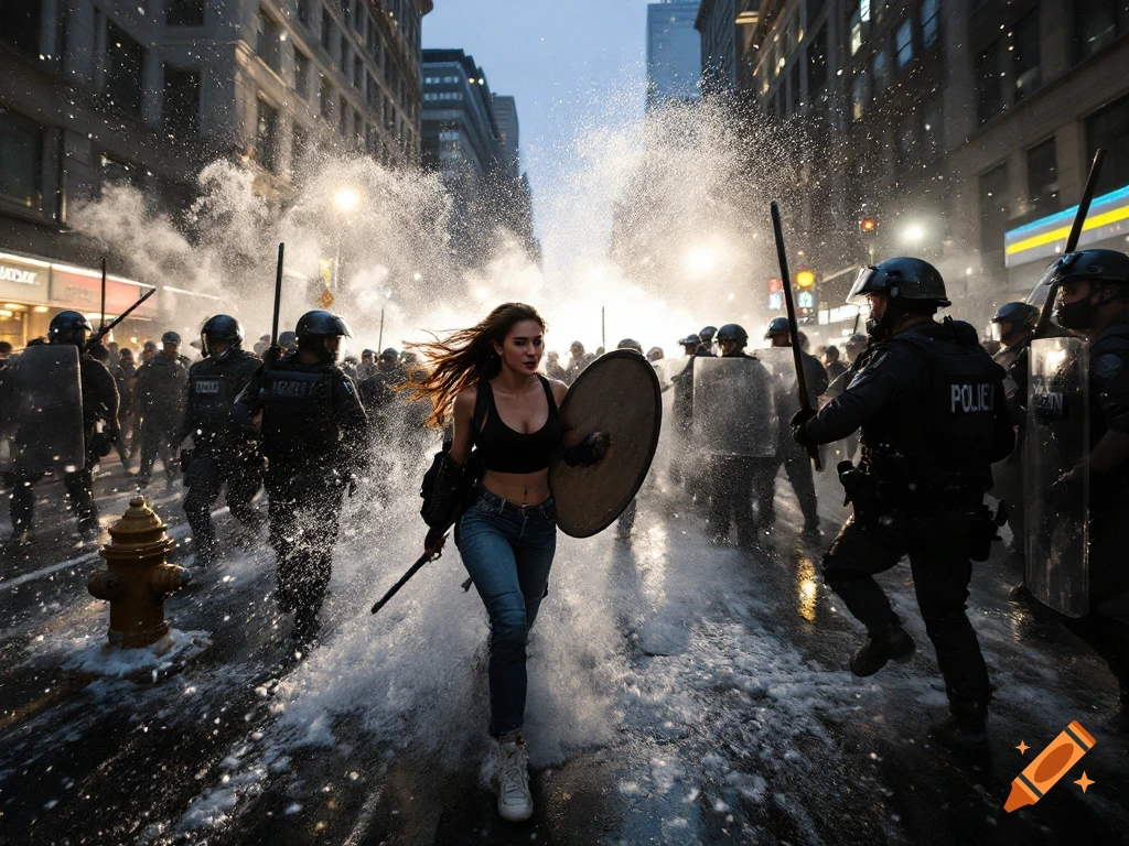 A woman with a shield leads protesters through water spray towards ...