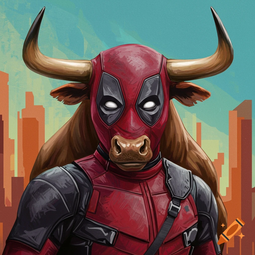 Deadpool body with a bull's head in front of a city skyline ...