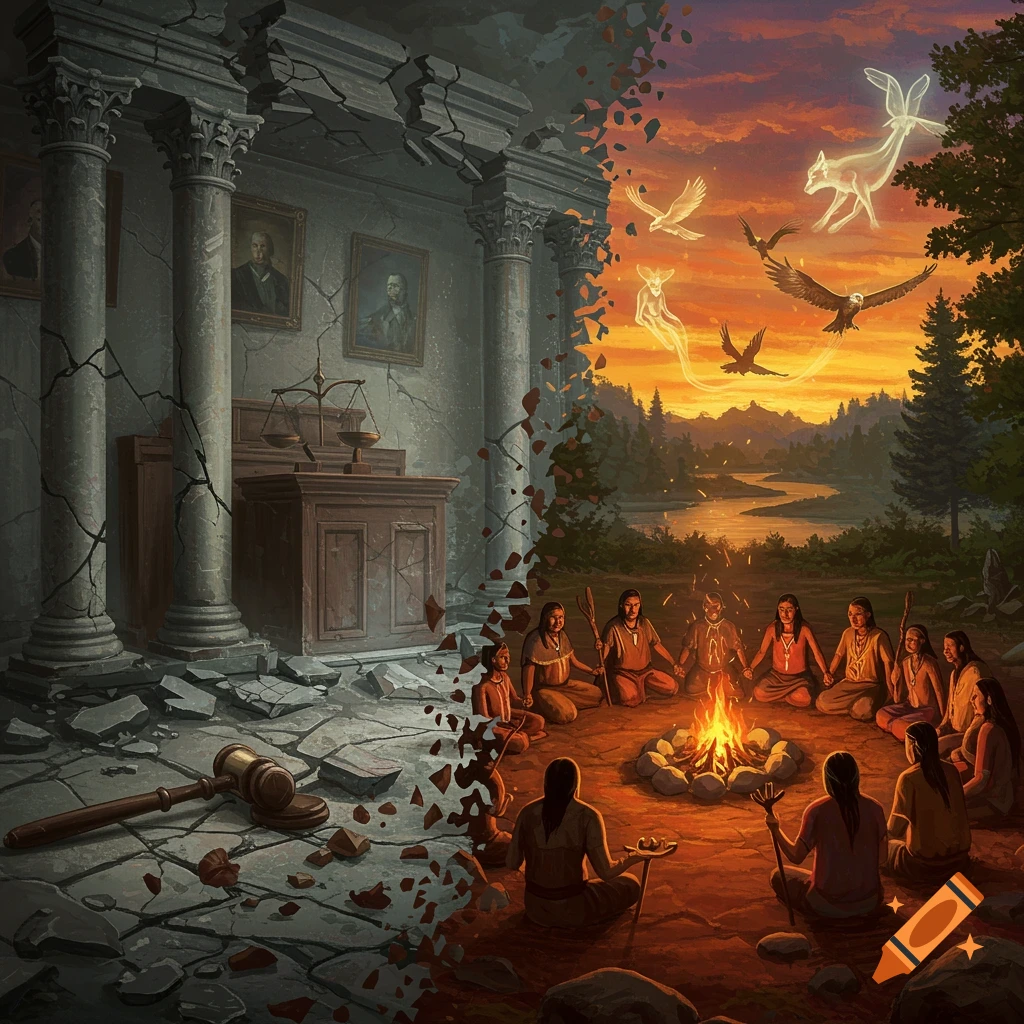 Digital painting: a crumbling courtroom transitions into a nature scene ...