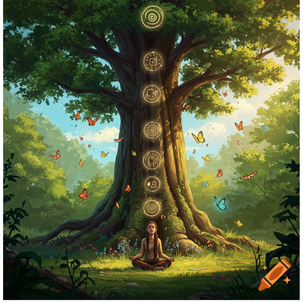 A person meditates under a large tree with glowing symbols and ...
