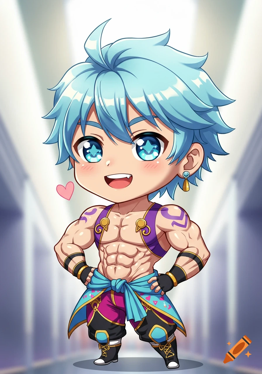 Chibi male character with blue hair and muscular abs, wearing a vibrant ...