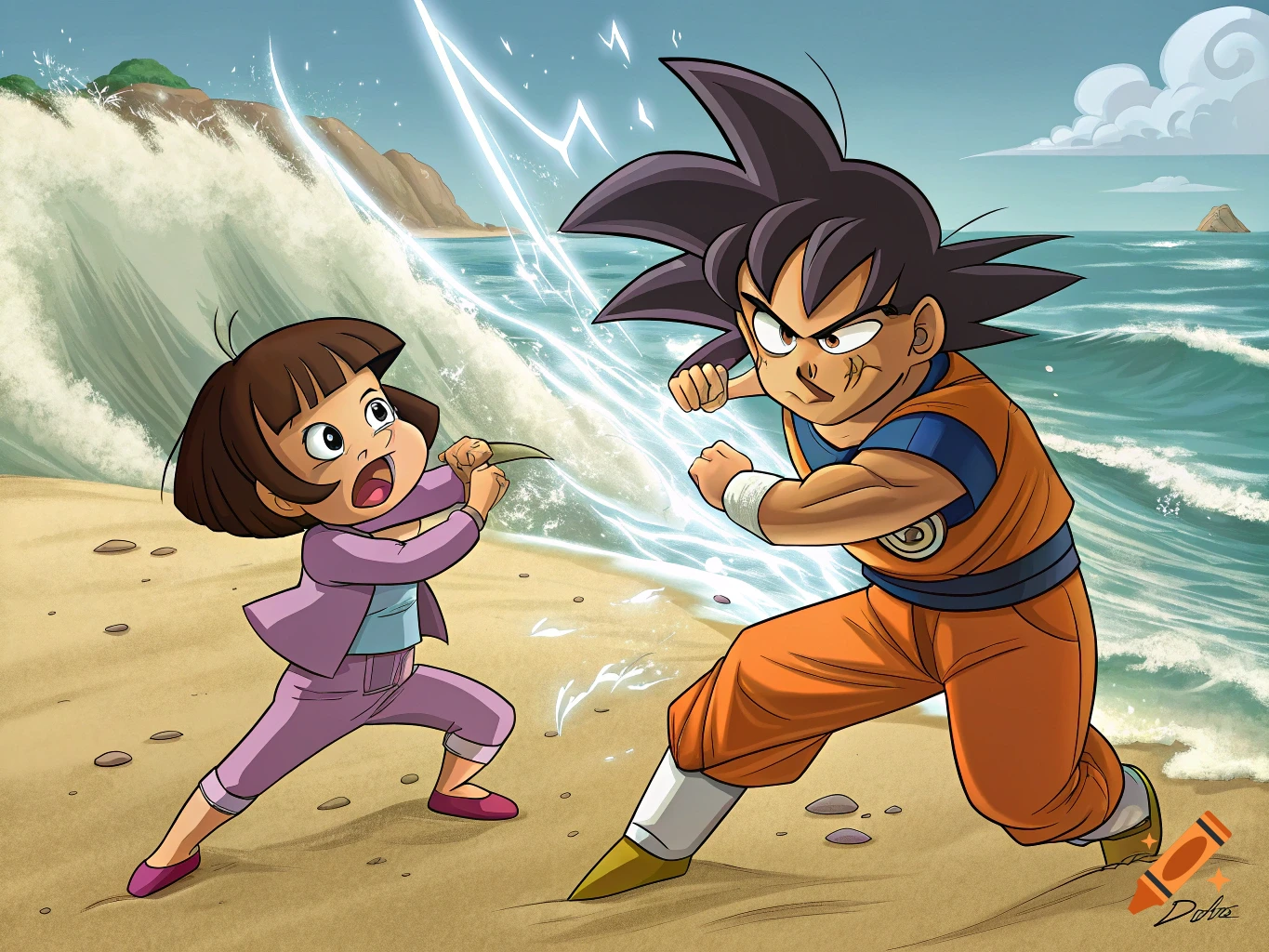 Dora the Explorer and Goku battle on a beach in anime style. on Craiyon