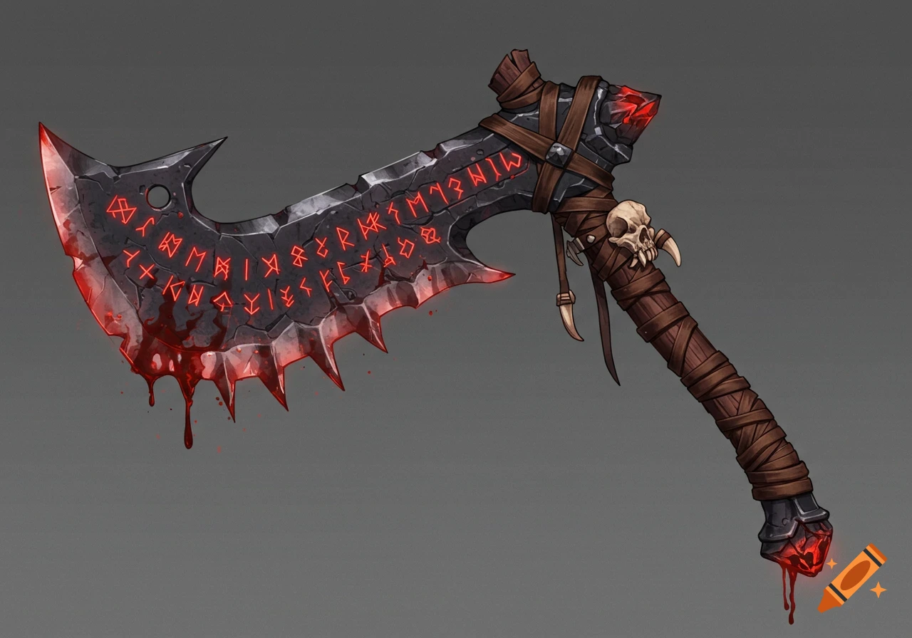 A stylized fantasy greataxe with a dark blade covered in glowing red ...