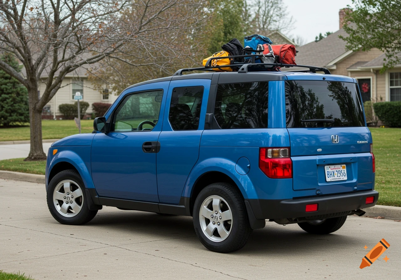 A blue Honda Element parked on a street with bags on the roof rack. on ...