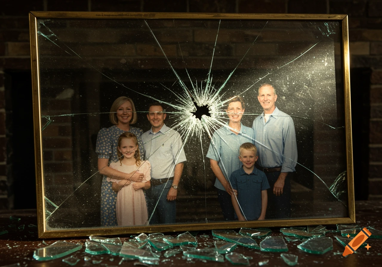 Family photo in a broken glass frame with shattered glass pieces. on ...