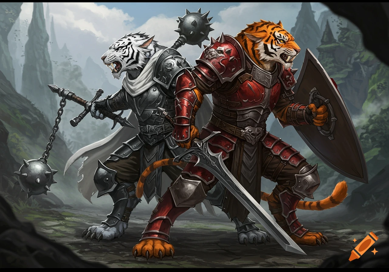 Two armored anthropomorphic tiger warriors, one white and one orange ...