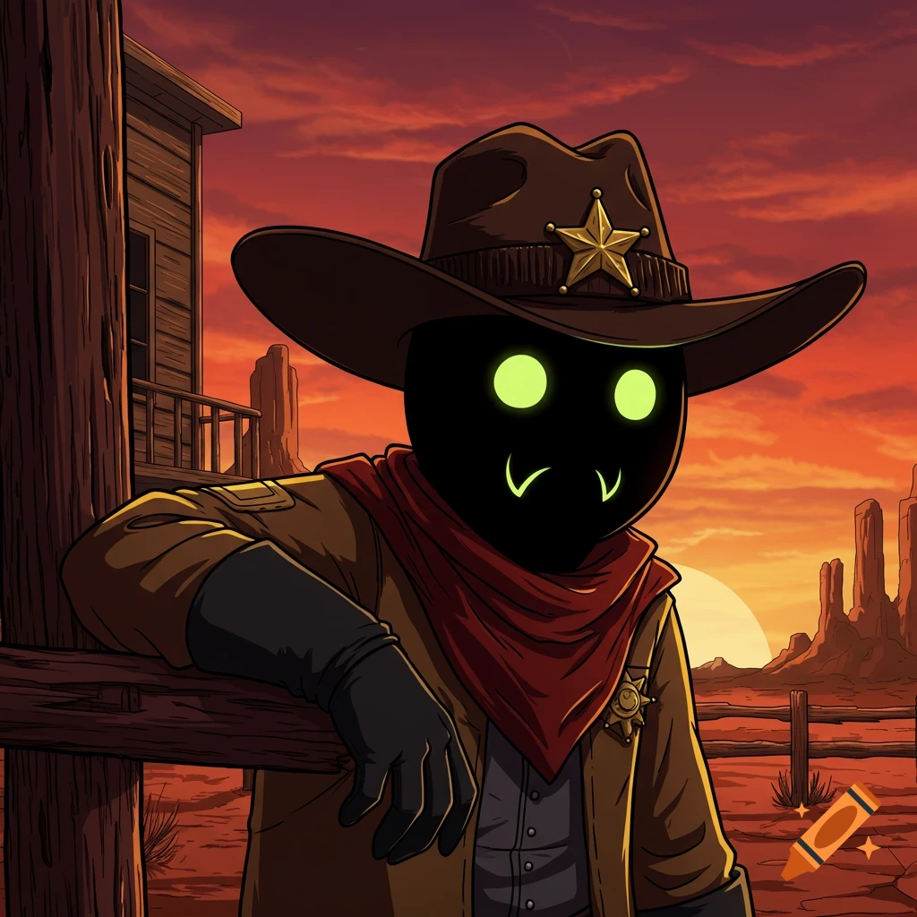 Cartoon character Nega Chin in a cowboy hat and outfit in a desert ...