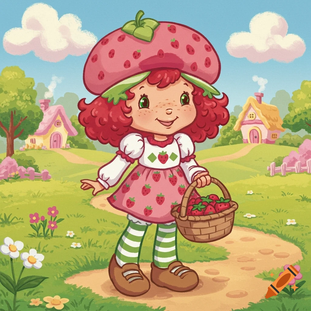 Cartoon illustration of Strawberry Shortcake holding a basket of ...