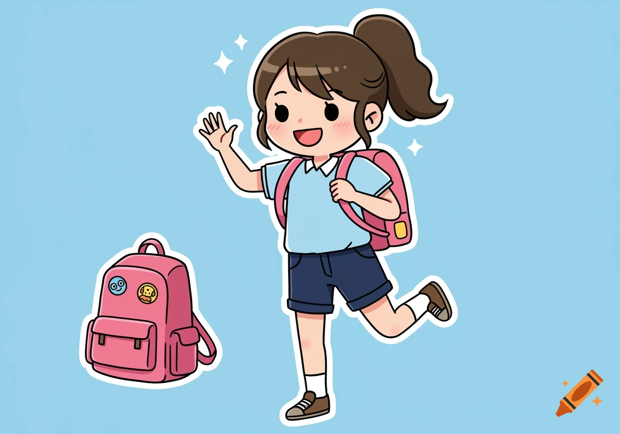 Cartoon girl student with backpack waves hello, clip art style. on Craiyon