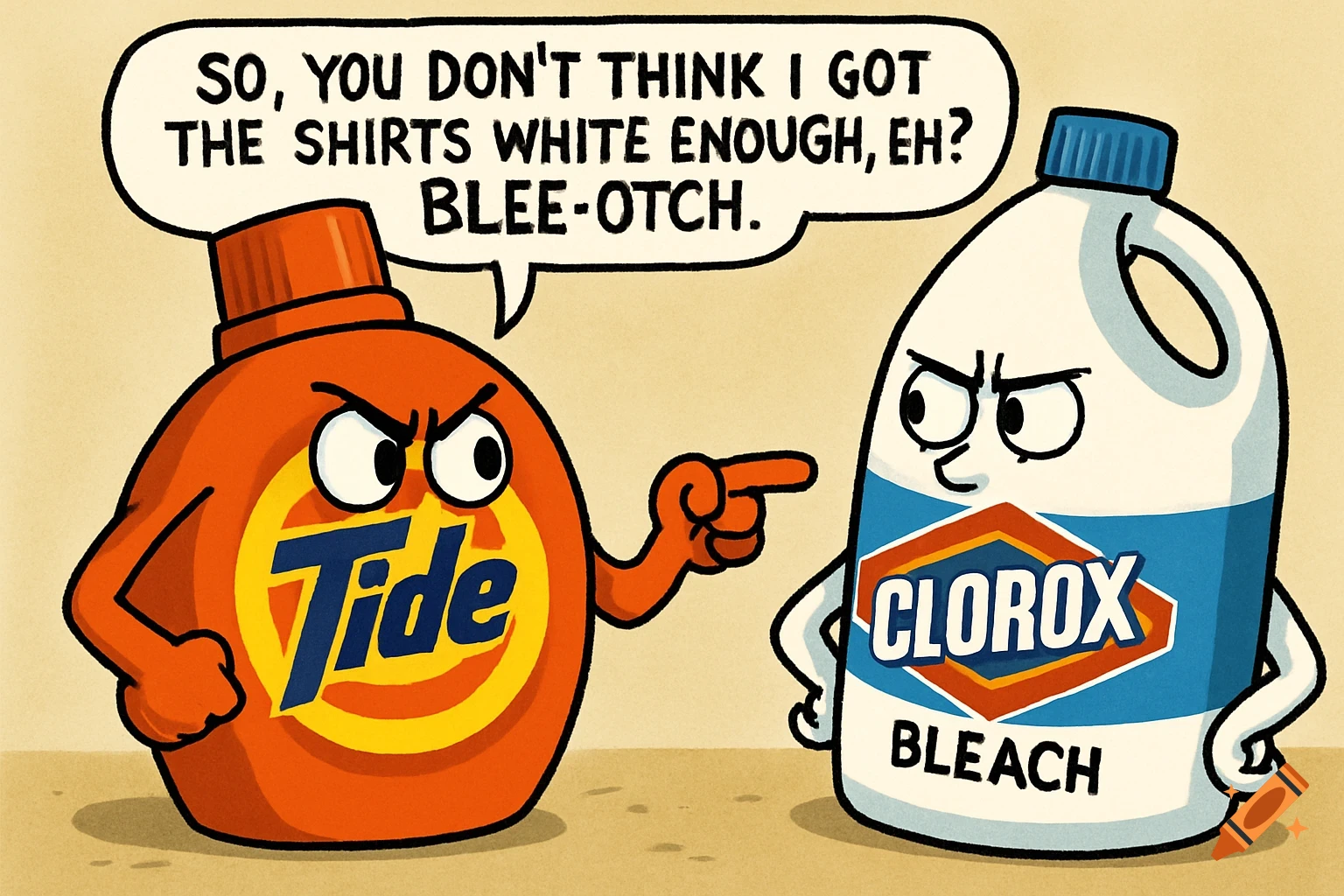 Cartoon of Tide detergent bottle talking to a Clorox bleach bottle. on ...