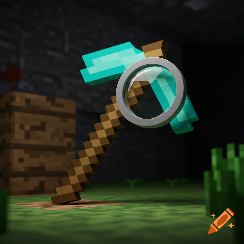 A diamond Minecraft pickaxe with a magnifying glass head is shown in a pixelated cave ...