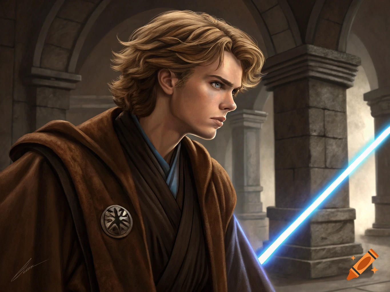 Anakin Skywalker holds a blue lightsaber in a temple corridor ...