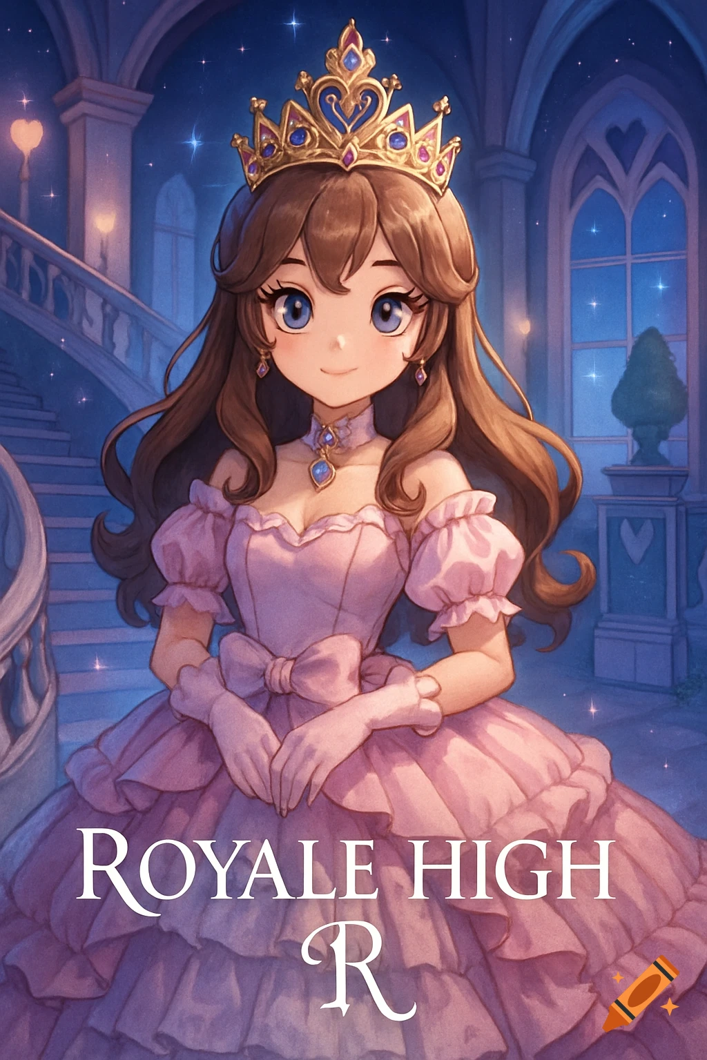An anime princess in a pink ball gown and crown stands in a castle ...