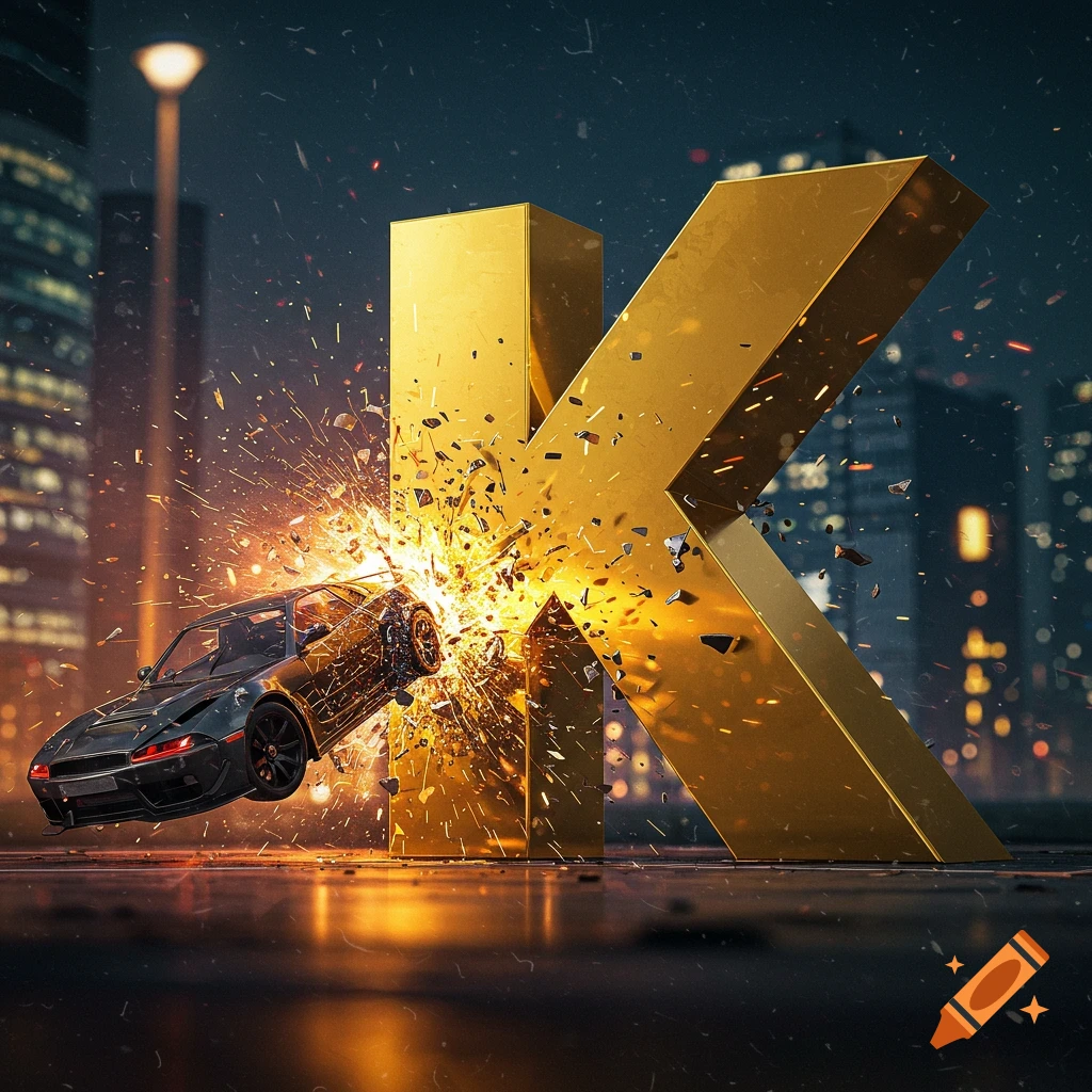 A car crashes into a giant golden letter K in a city at night, creating ...