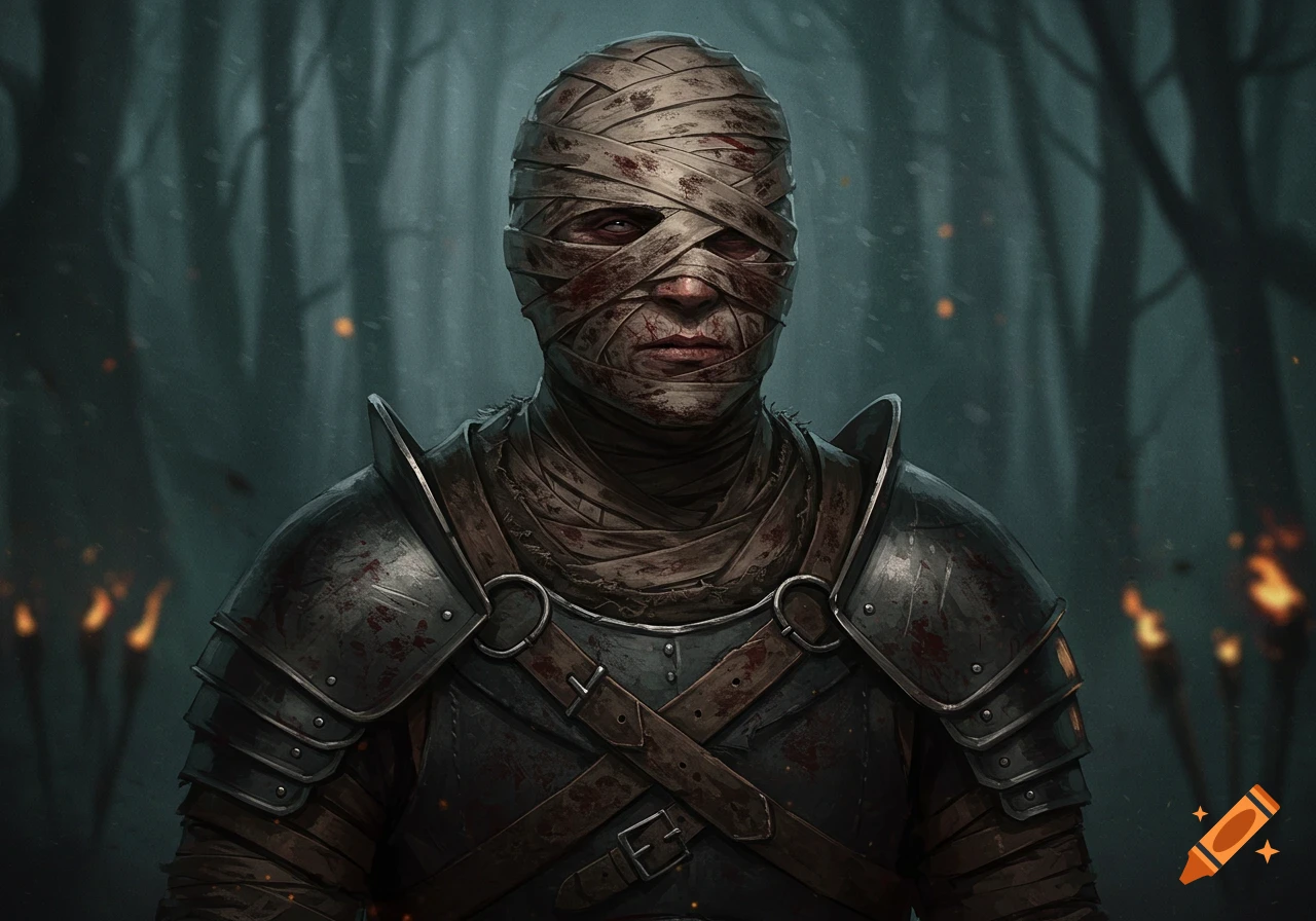 Dark fantasy portrait of a man with face wrapped in bandages wearing ...