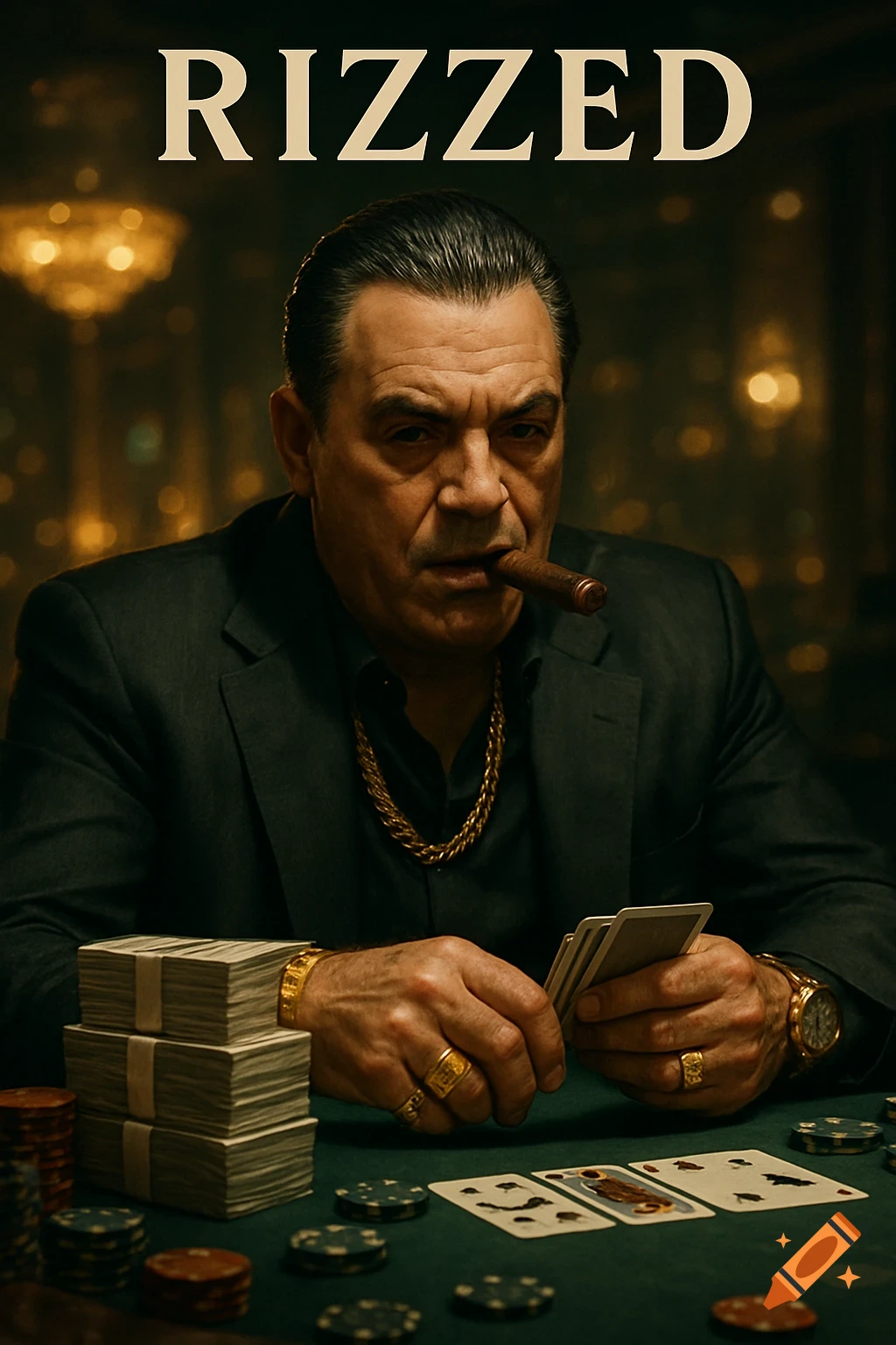 Cinematic portrait of a mafia boss playing poker with money and cards ...