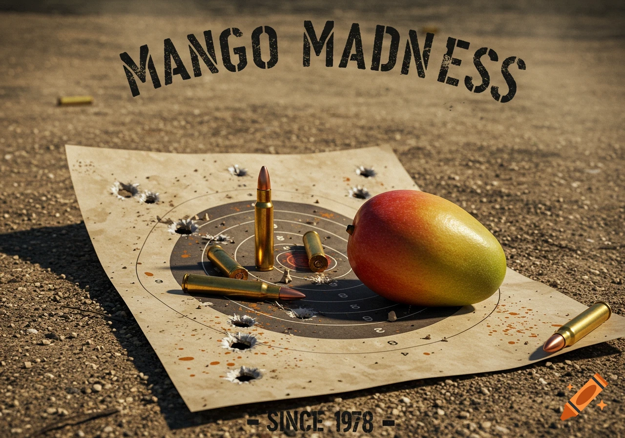 Paper shooting target with bullet holes and casings, a mango, and text ...