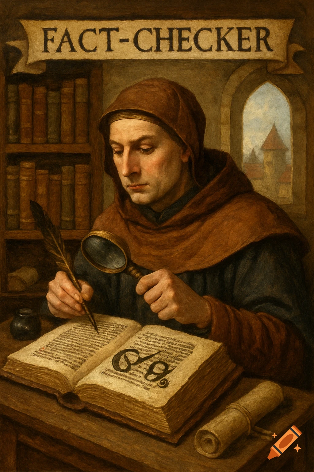 A medieval fact-checker, a robed figure, reads a large old book with a ...