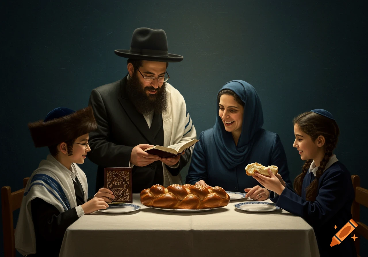 An Orthodox Jewish family sits around a table with challah bread ...