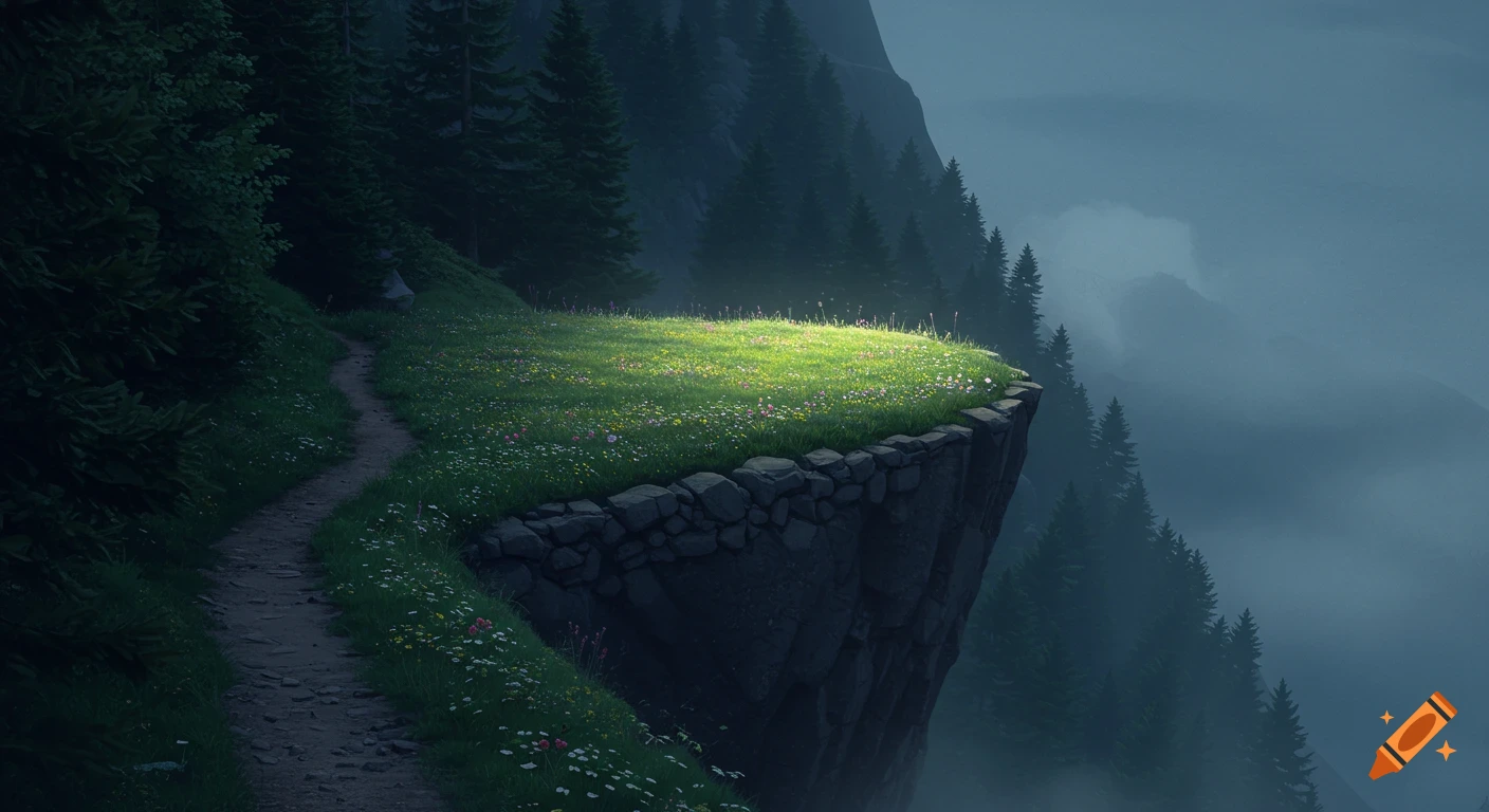 A path leads up a mountain to a glowing, grassy ledge with wildflowers ...