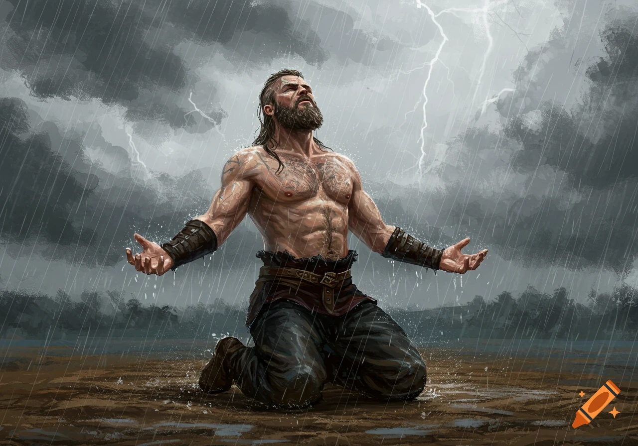 Muscular viking kneels in a rainstorm with arms open to the sky ...