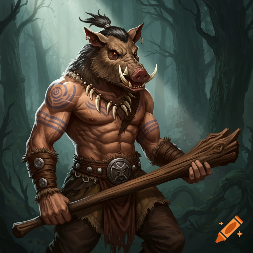A muscular boar-headed warrior stands in a dark forest holding a large ...