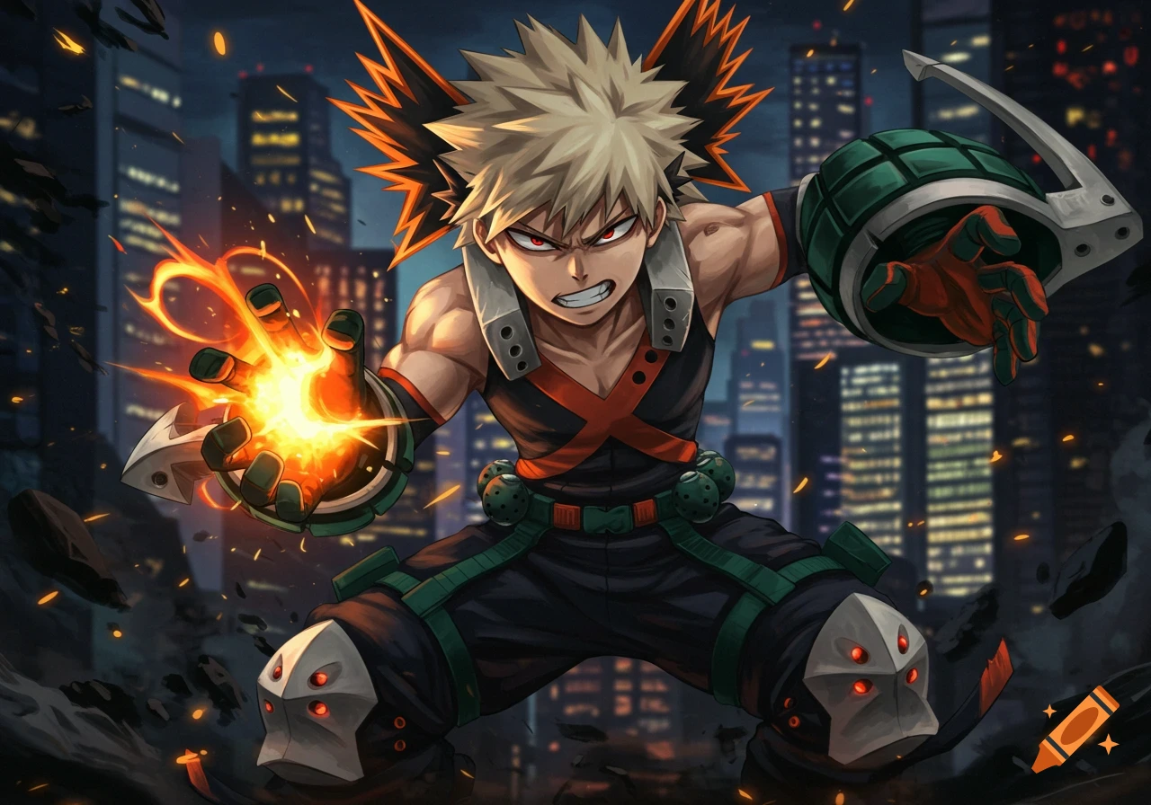 Bakugo Katsuki anime illustration creating an explosion in a city. on ...