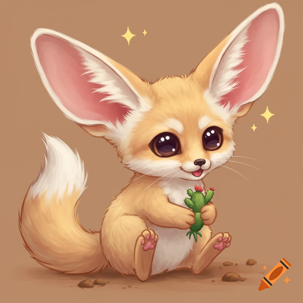 A cute chibi fennec fox holding a small cactus. on Craiyon