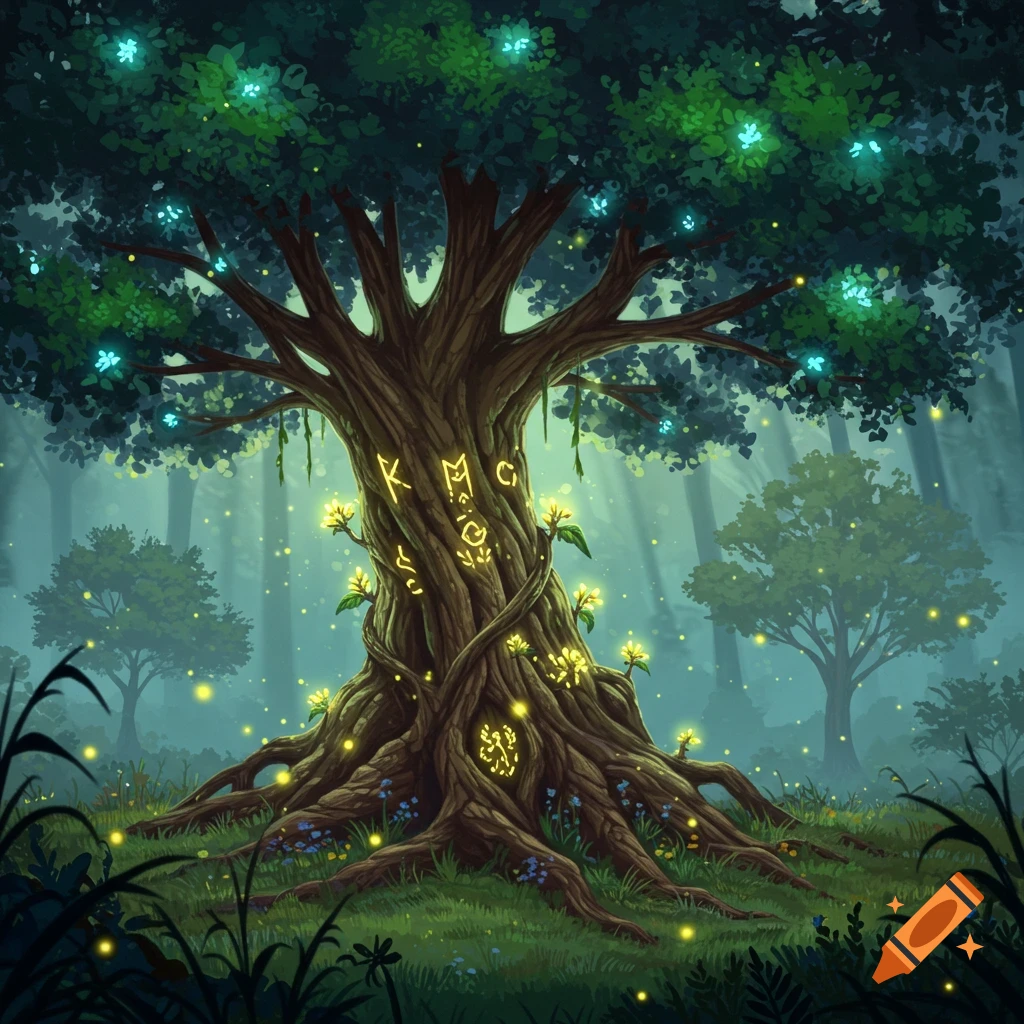 An ancient, enchanted tree in a dark forest glows with magical runes ...