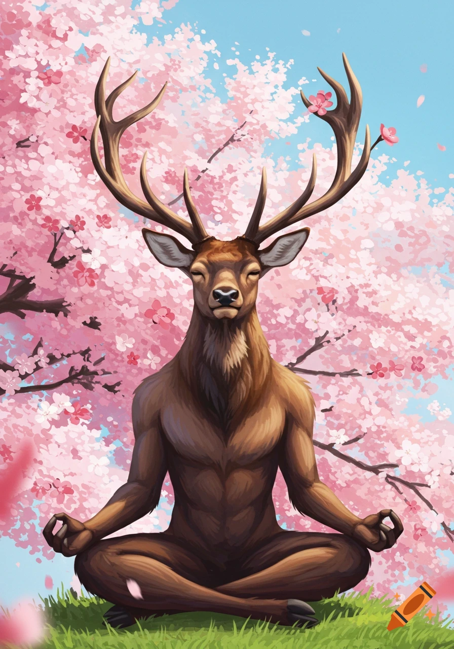 Muscular deer meditating under cherry blossoms, illustration on Craiyon