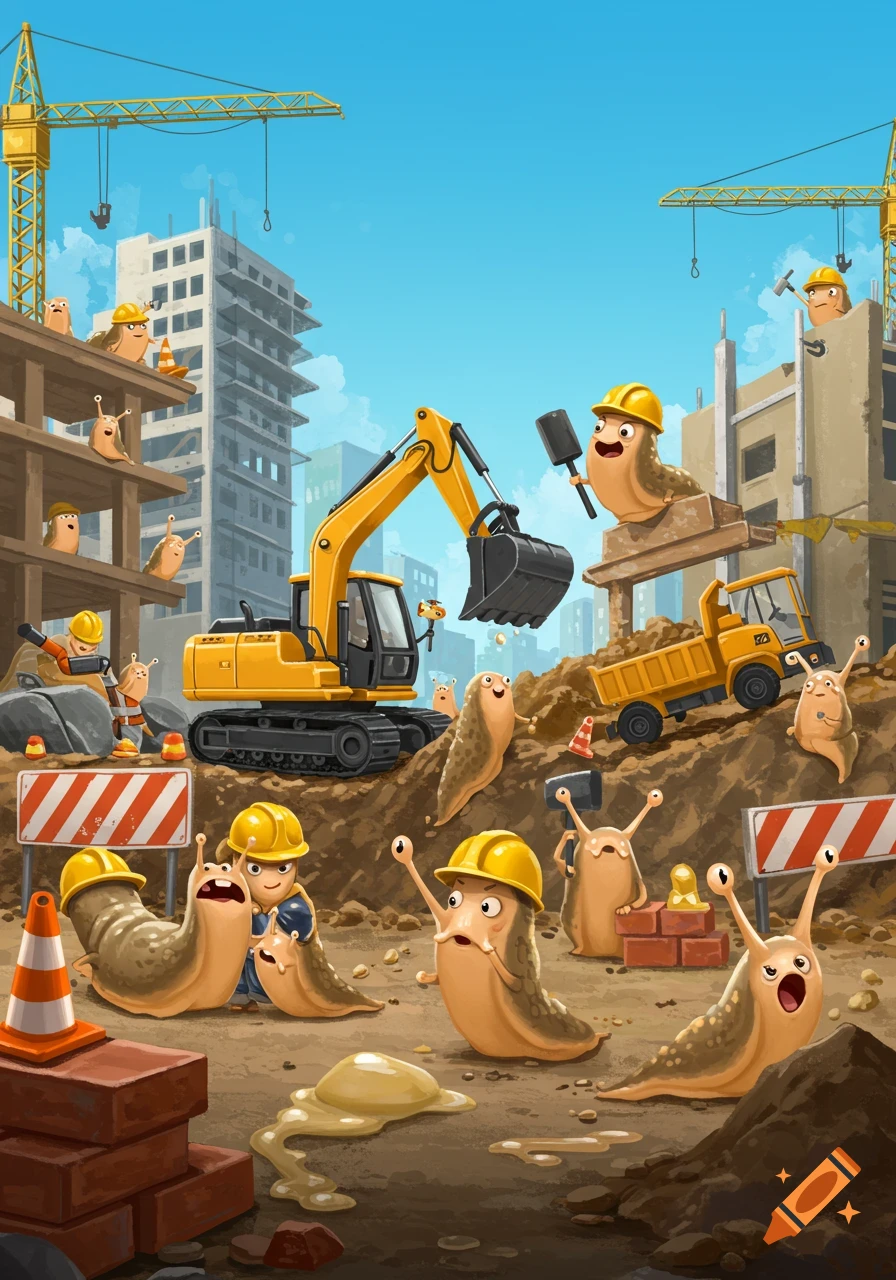 Cartoon illustration of slugs working at a construction site with ...
