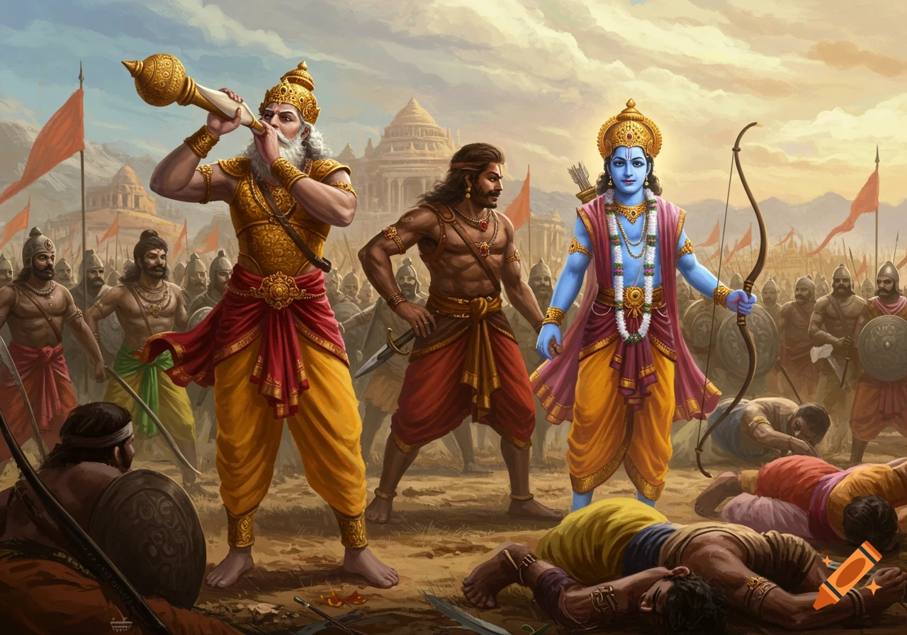 Epic painting of a battle scene from Indian mythology with warriors and ...